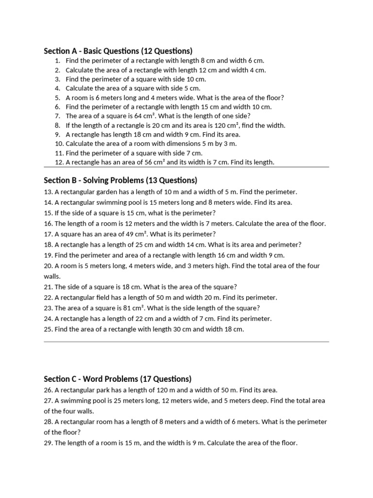 Mensuration Part-1 (Rectangle) Class 7 Worksheet | PDF | Area | Length