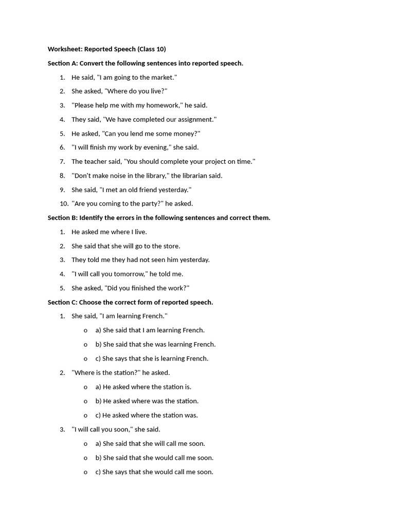 Worksheet reported speech | PDF | Cognitive Science | Linguistics