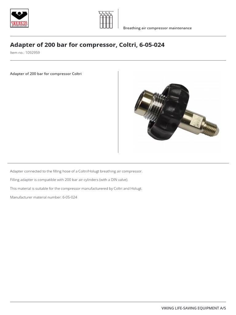 200 Bar Adapter for Coltri Compressor | PDF