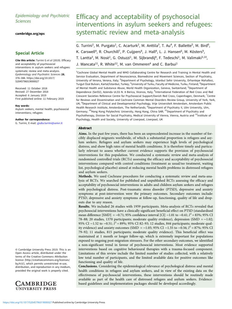 Efficacy and Acceptability of Psychosocial Interventions in Asylum Seekers and Refugees ...