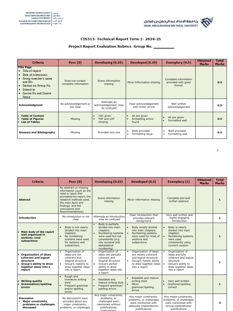 Project Report Evaluation Rubrics | PDF
