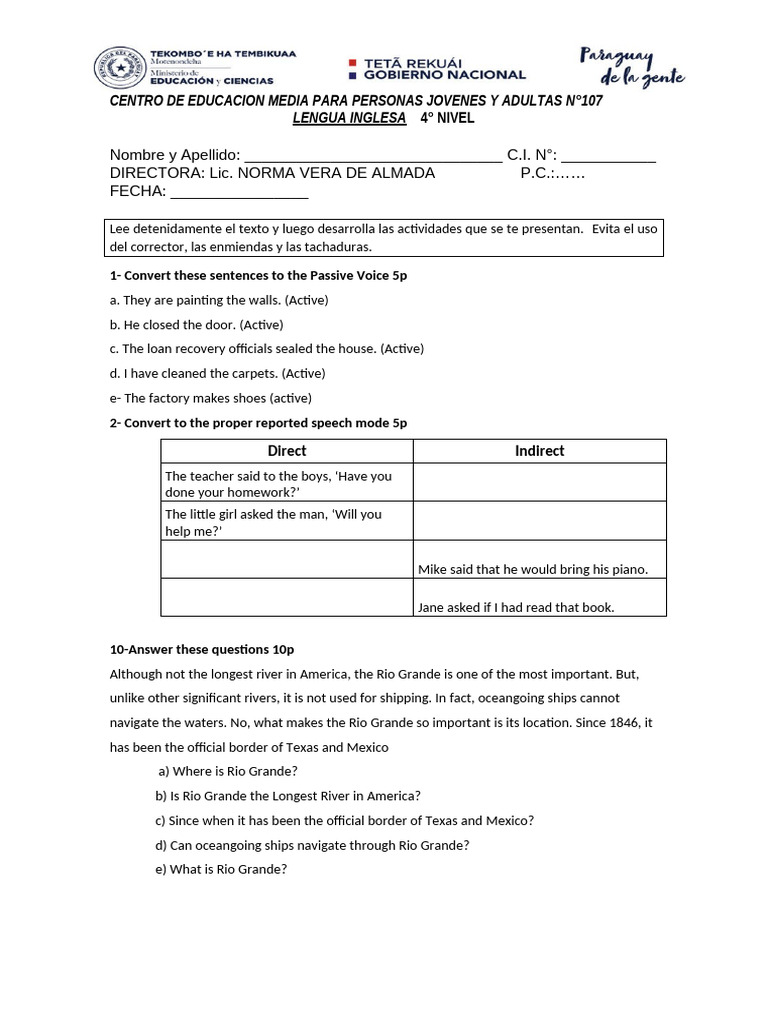 Examen de Ingles 4 Nivel | PDF