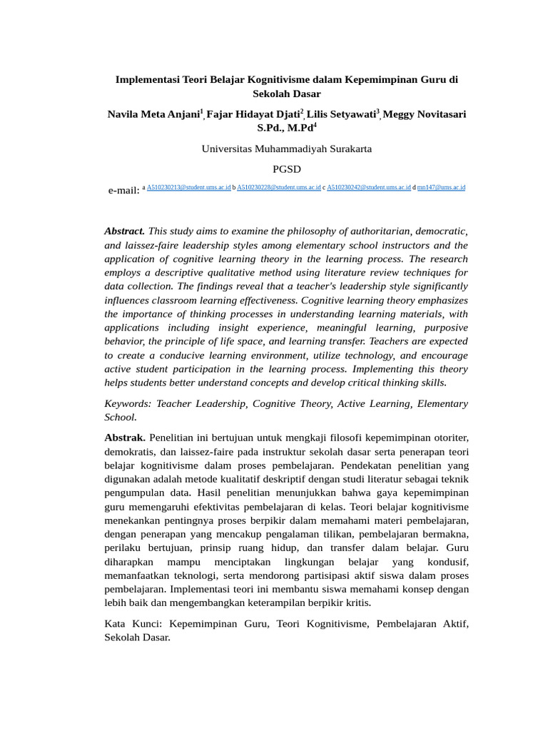 Implementasi Teori Belajar Kognitivisme Dalam Kepemimpinan Guru Di ...