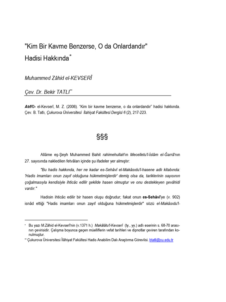 Kim Bir Kavme Benzerse, O Da Onlardand - R - Hadisi Hakk - Nda (#55057) - 47051 | PDF