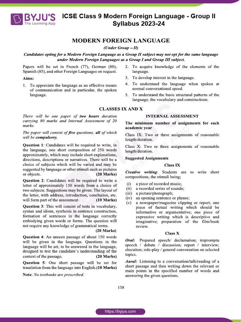 ICSE-Class-9-Modern-Foreign-Language-Group-II-Syllabus-2023-24 | PDF ...