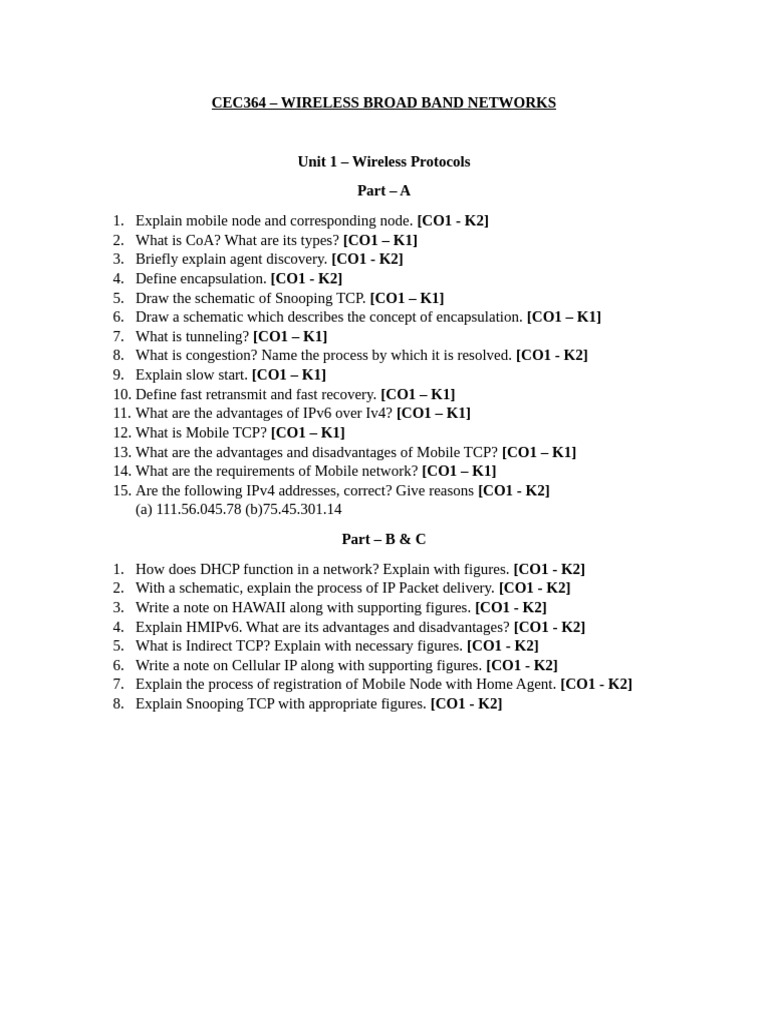CEC364 Wireless Broad Band Networks | PDF | Internet Protocols ...
