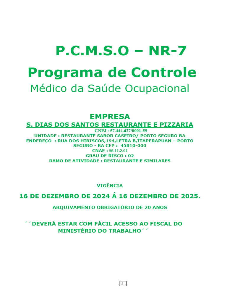 Pcmso - Restaurante Sabor Caseiro | PDF | Epidemiologia | Qualidade (negócios)