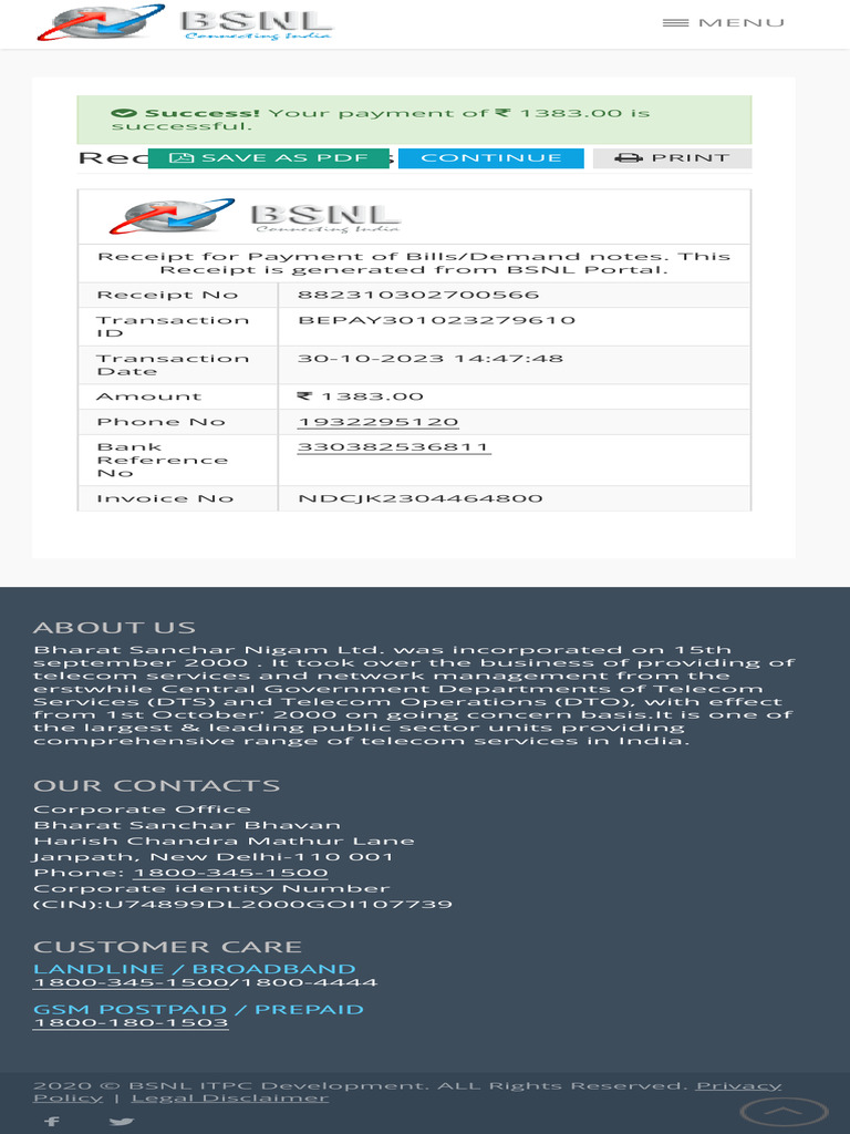 Receipt Details BSNL Portal | PDF