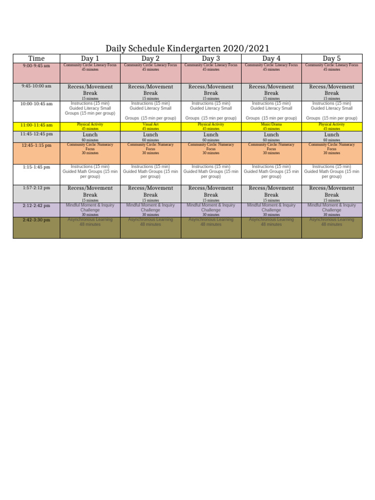 Daily Schedule Kindergarten 2020 | PDF | Pedagogy | Human Life Stages
