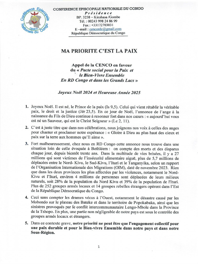 A Tous Les Dioceses-Appel de La Cenco en Faveur Du Pacte Social Pour La Paix Et Le Bien-Vivre ...
