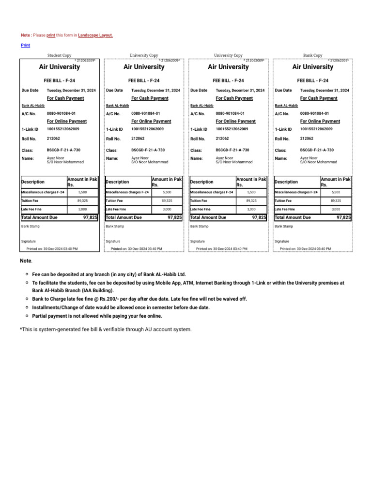 Challan Form - Air University | PDF | Fee | Banks