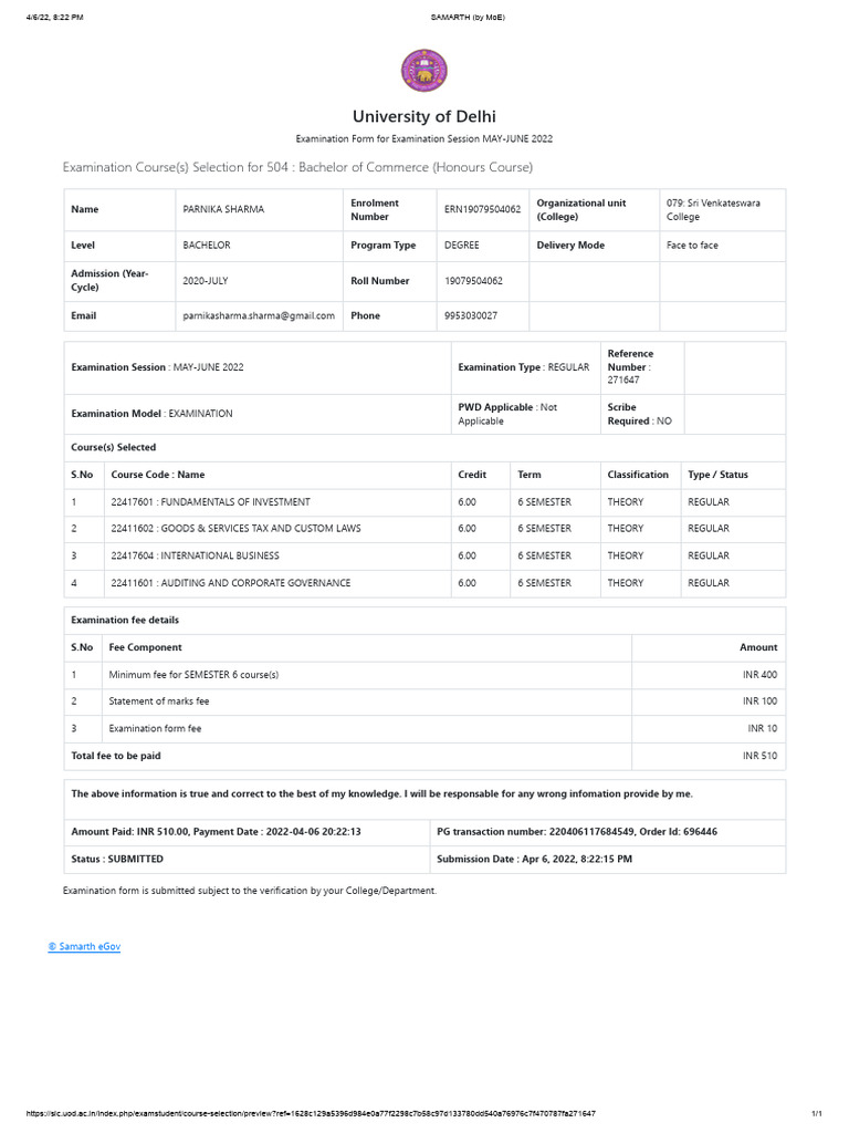 Exam form (Sem 6) | PDF | Fee