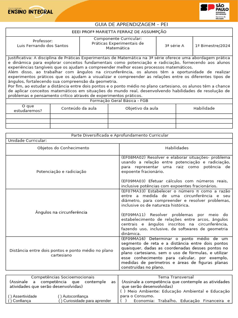 3A Série Praticas Exp. Matemática - Guia de Aprendizagem 2024 ...