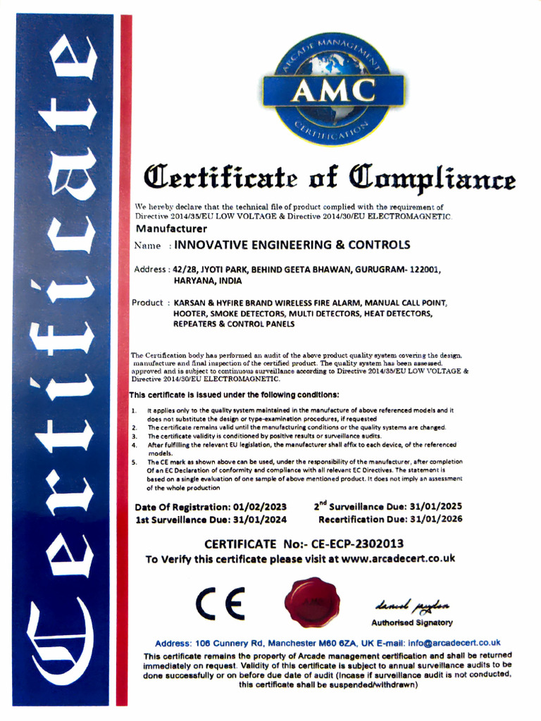 CE Certificate for Fire Alarm Systems | PDF
