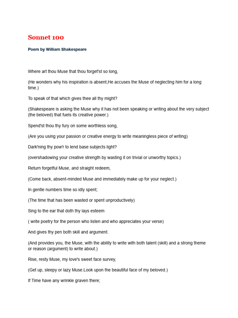 Shakespeare's Sonnet 100 Analysis | PDF | Sonnets