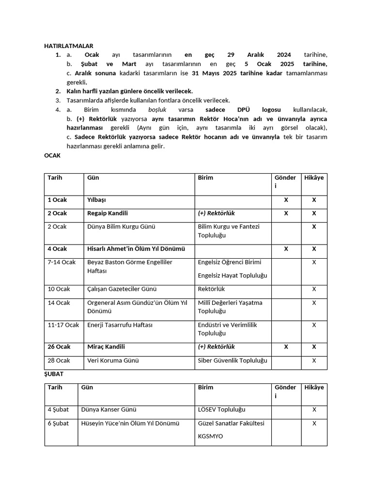 Belirli Gün Ve Haftalar - 2025 | PDF