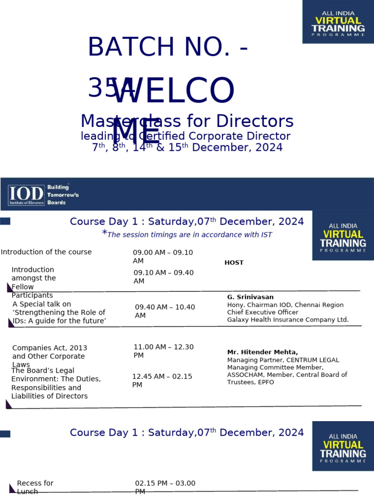 Programme Agenda - IOD Masterclass For Directors (Batch No. 354) | PDF ...