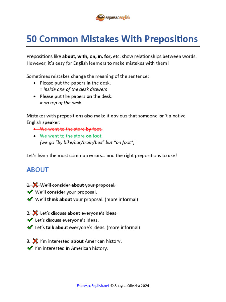 50 Common Mistakes With Prepositions | PDF