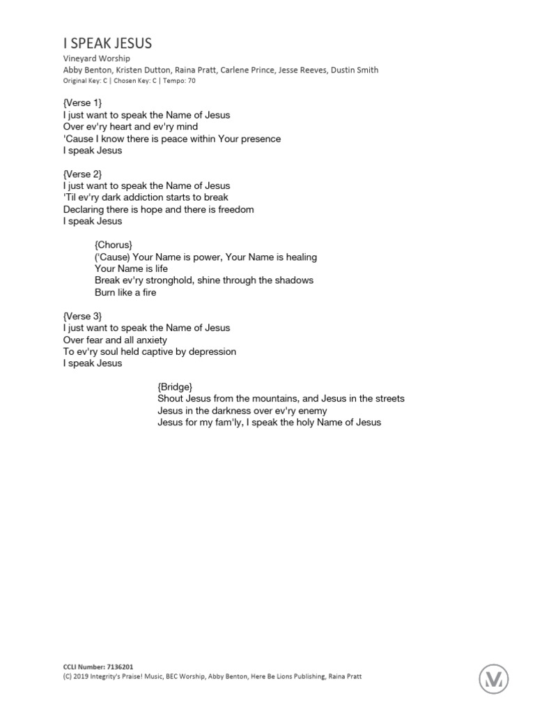 I Speak Jesus Lyrics | PDF
