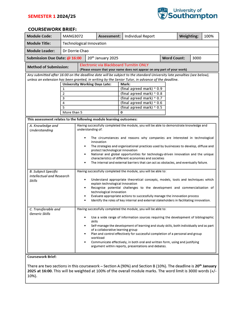 MANG3072 Individual Coursework 202425 | PDF | Innovation | Turnitin