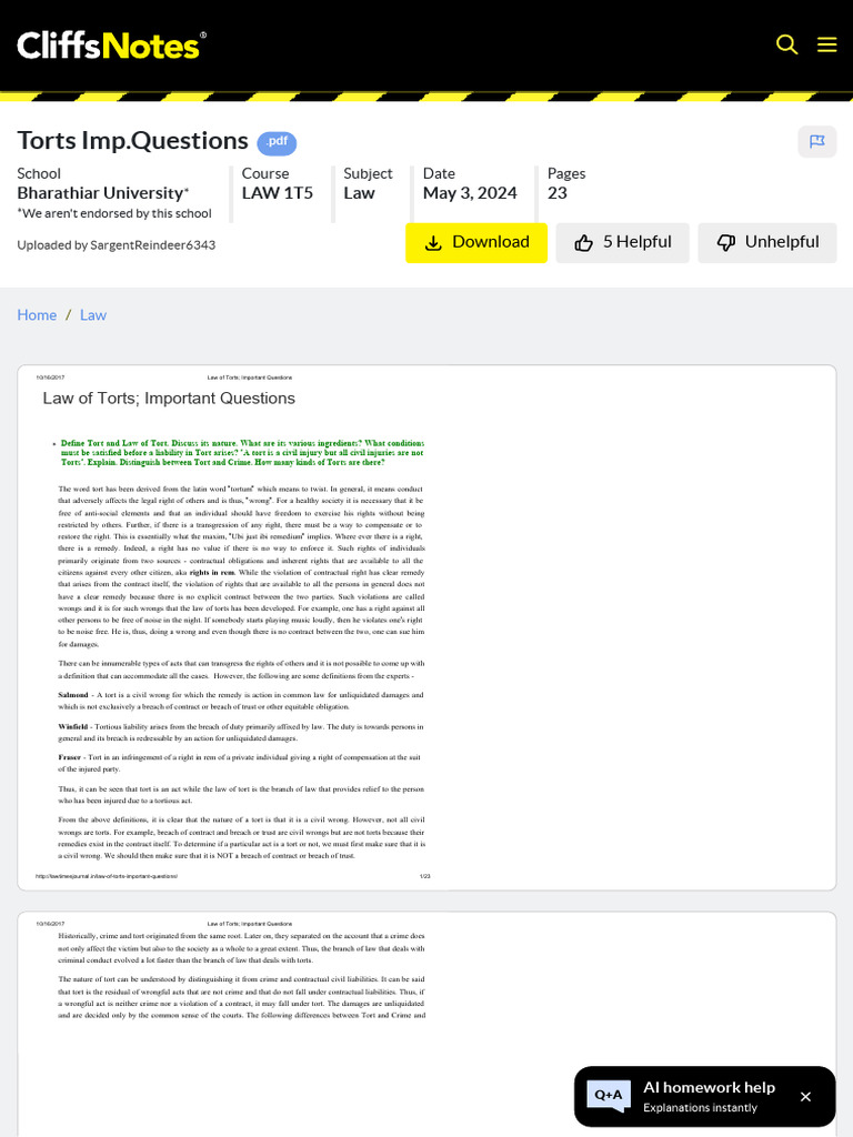 Torts Imp - Questions (PDF) - CliffsNotes | PDF | Tort | Damages