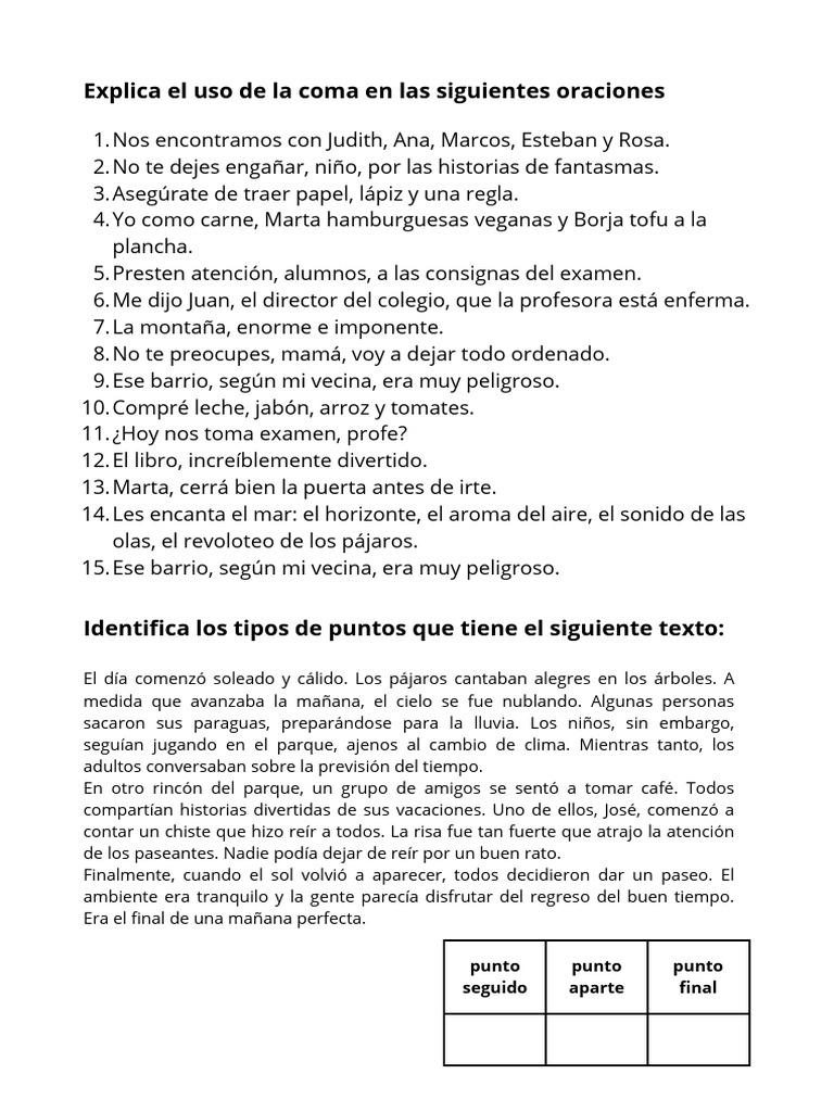 Explica el uso de la coma en las siguientes oraciones | PDF