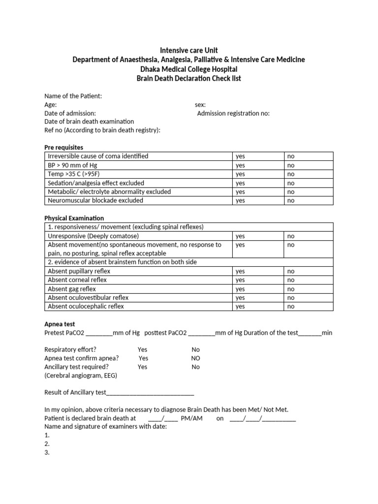 Brain Death Checklist | PDF
