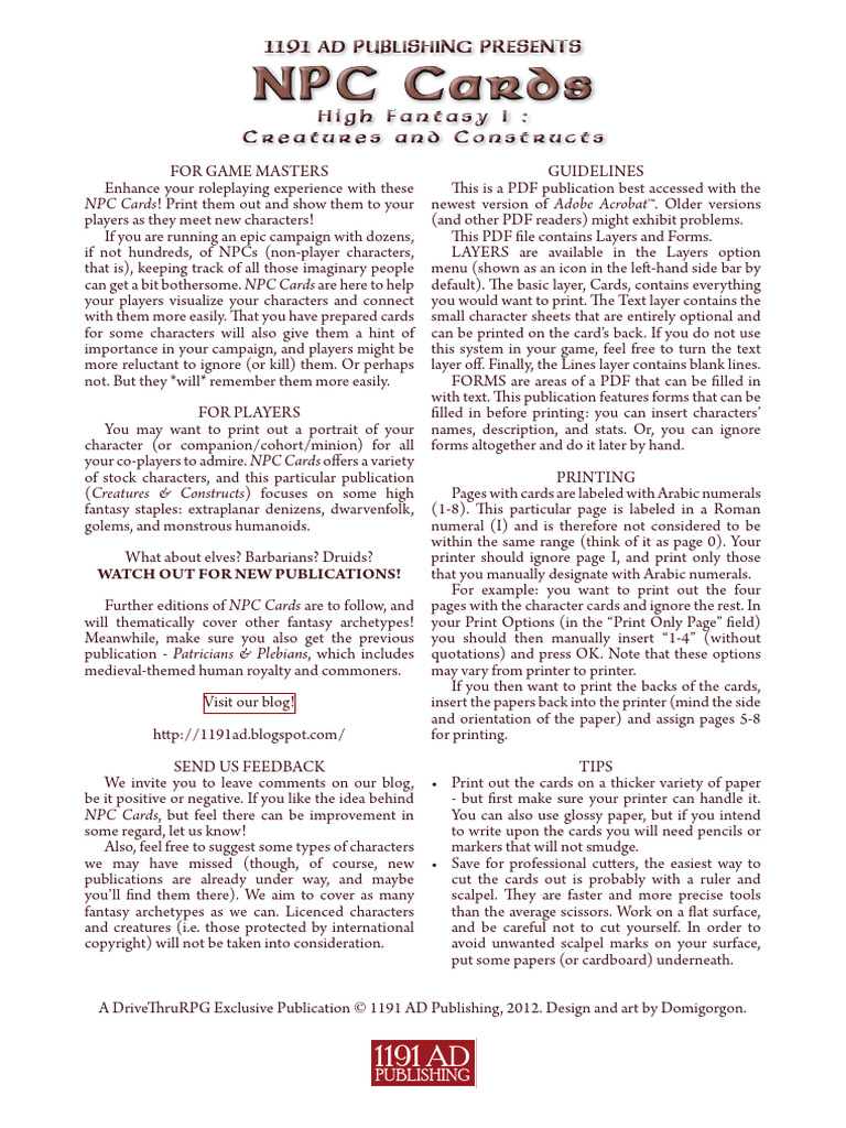1191 AD Publishing - NPC Cards - High Fantasy I - Creatures ...