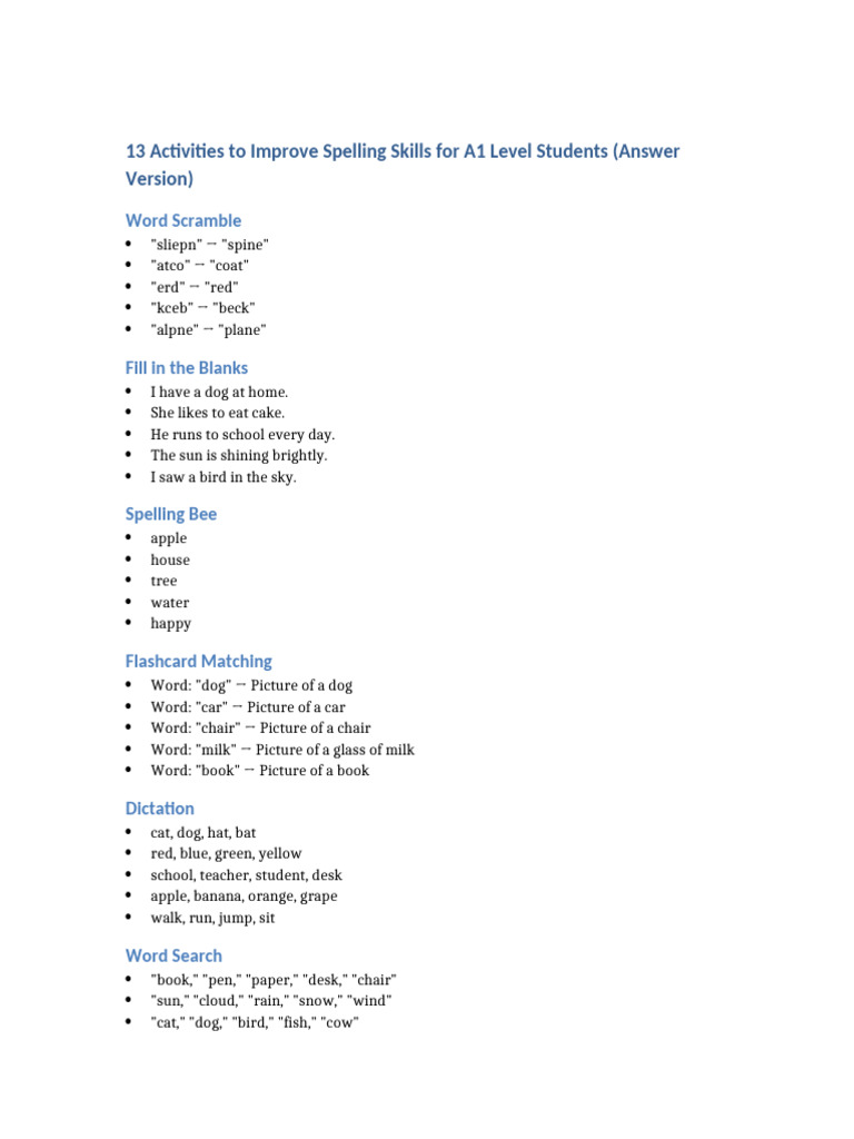 A1 Spelling Activities: 13 Fun Exercises | PDF