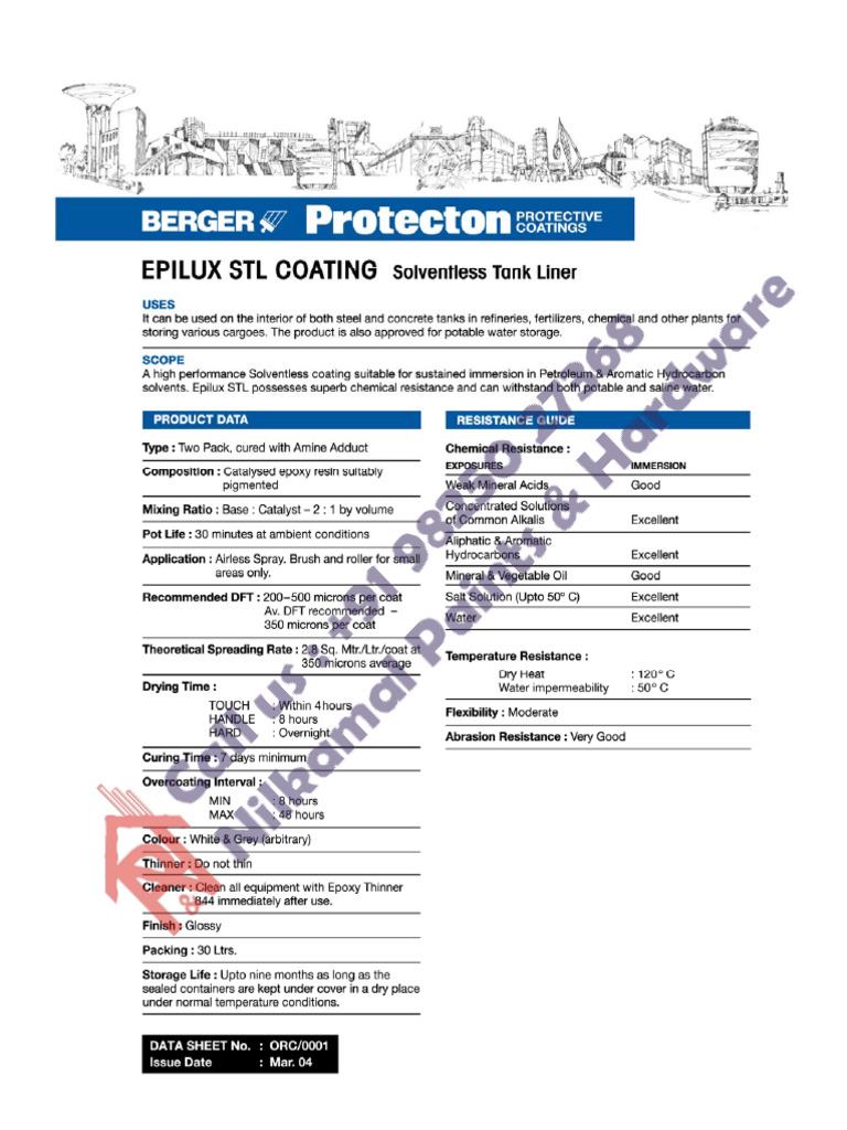 DS ORC 001 Epilux STL Coating - Solventless Tank Liner | PDF