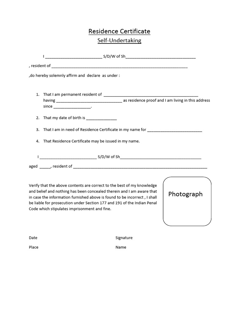 Residence Certificate Self-Undertaking Form | PDF