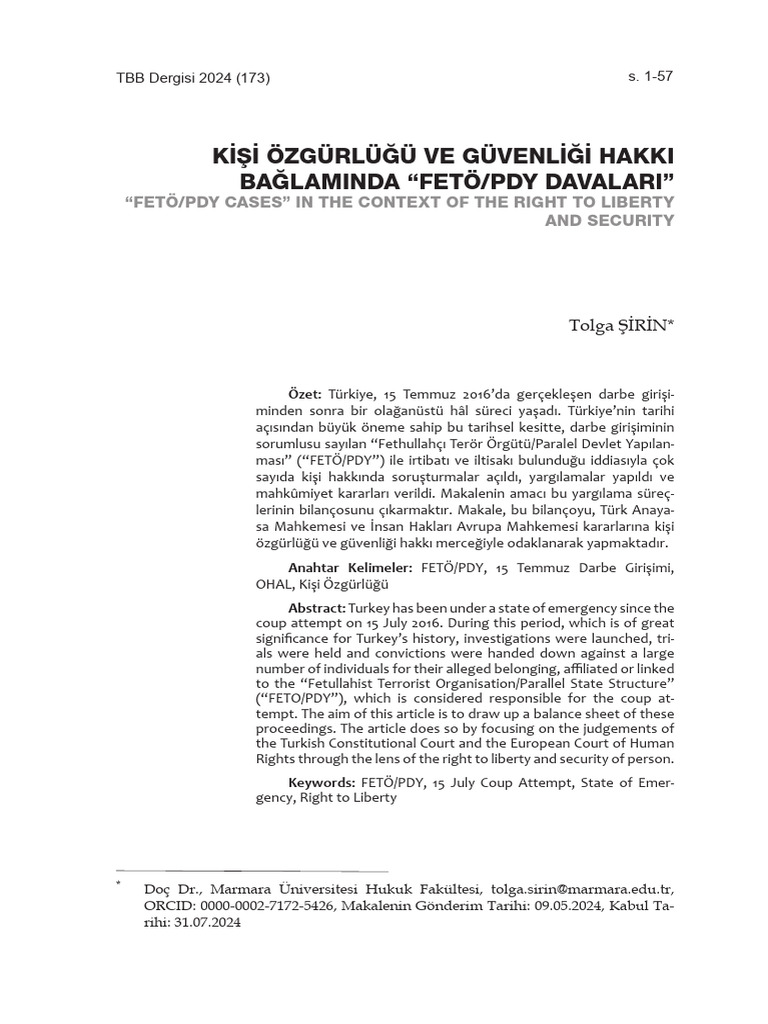 KİŞİ ÖZGÜRLÜĞÜ VE GÜVENLİĞİ HAKKI BAĞLAMINDA “FETÖ-PDY DAVALARI” | PDF