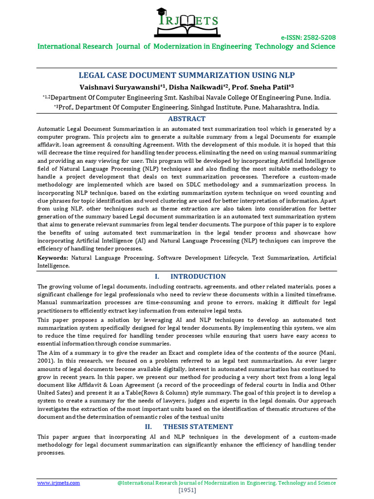 Legal Case Document Summarization Using NLP: Vaishnavi Suryawanshi, Disha Naikwadi, Prof. Sneha ...