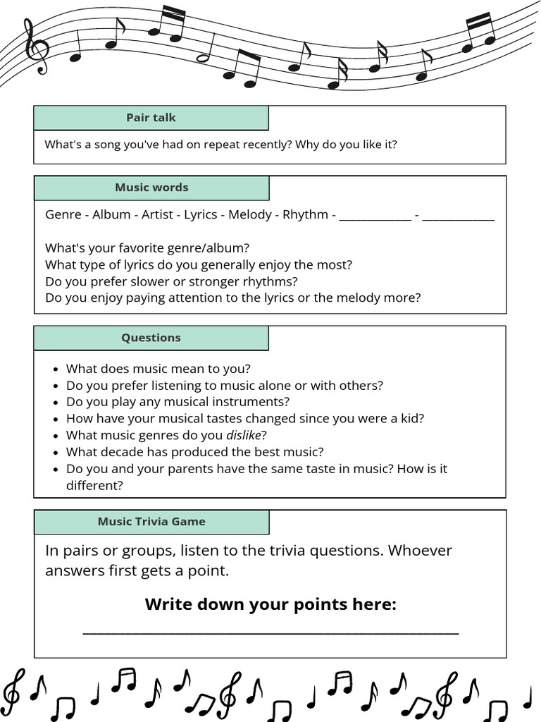 Music Discussion and Trivia Worksheet | PDF