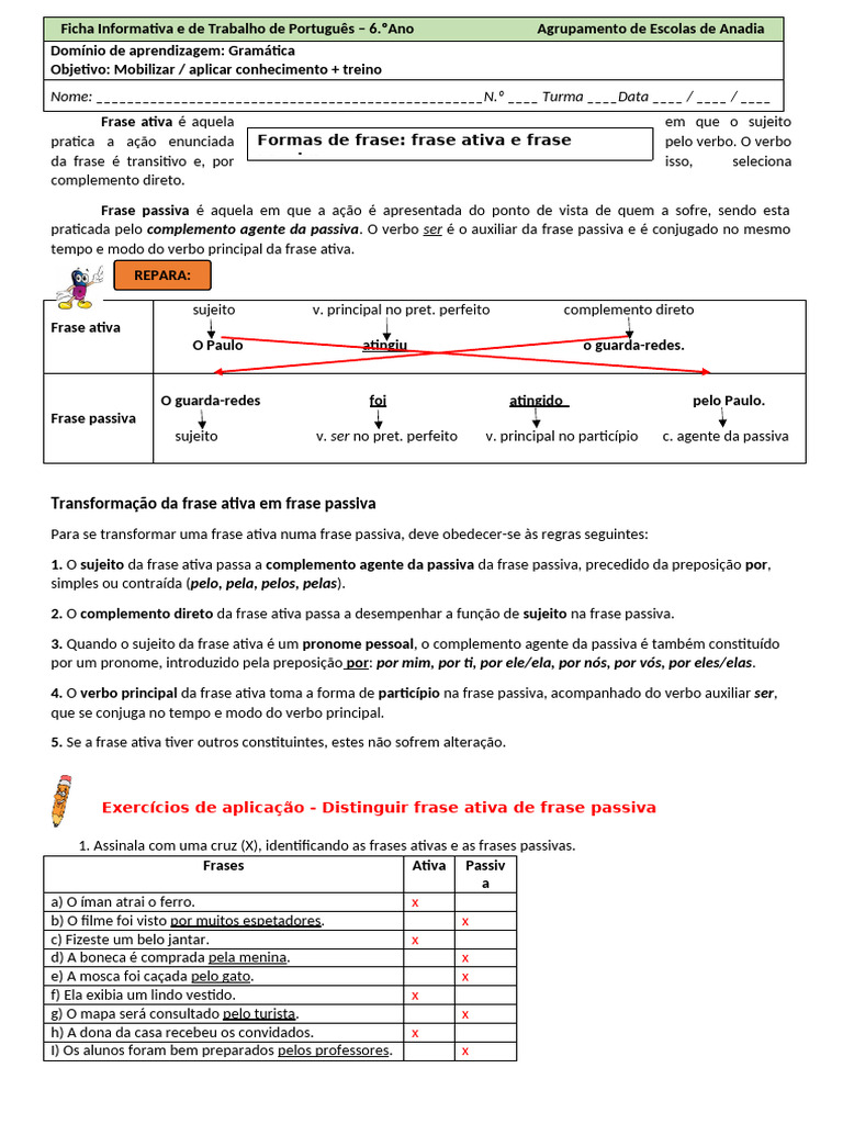 Correção Frase Ativa e Passiva (Informativa e Trabalho) | PDF | Assunto ...