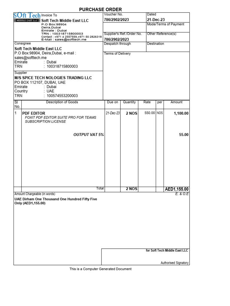 Purchase Order for PDF Editor License | PDF