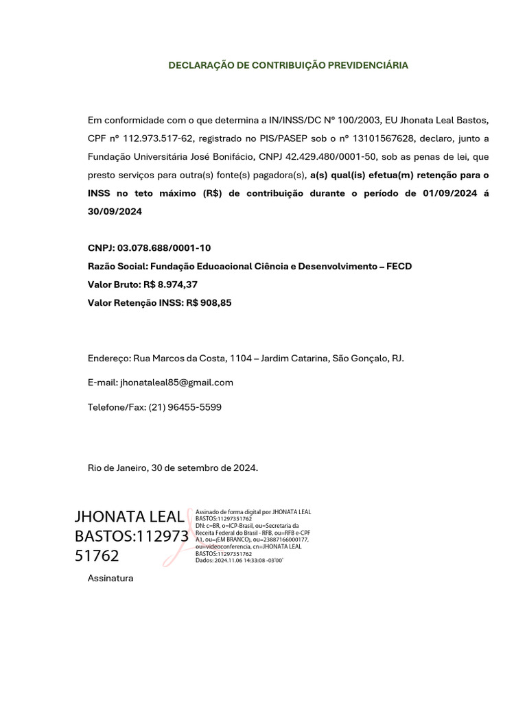 Declaração de Contribuição Previdenciária (Atualizada) | PDF