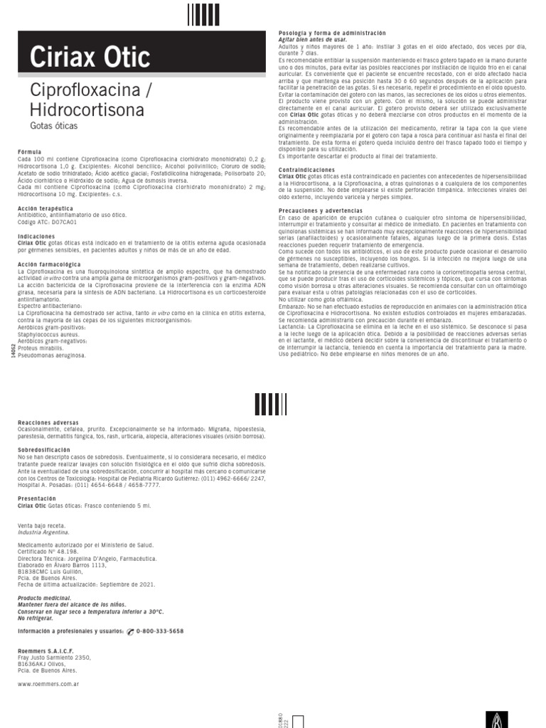 Ciriax Otic: Ciprofloxacina / Hidrocortisona | PDF | Corticosteroides | Medicina CLINICA