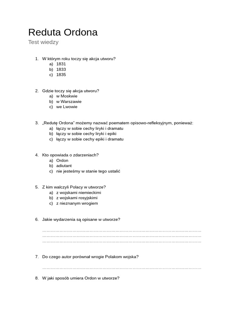 Reduta Ordona Test Wiedzy 11 | PDF