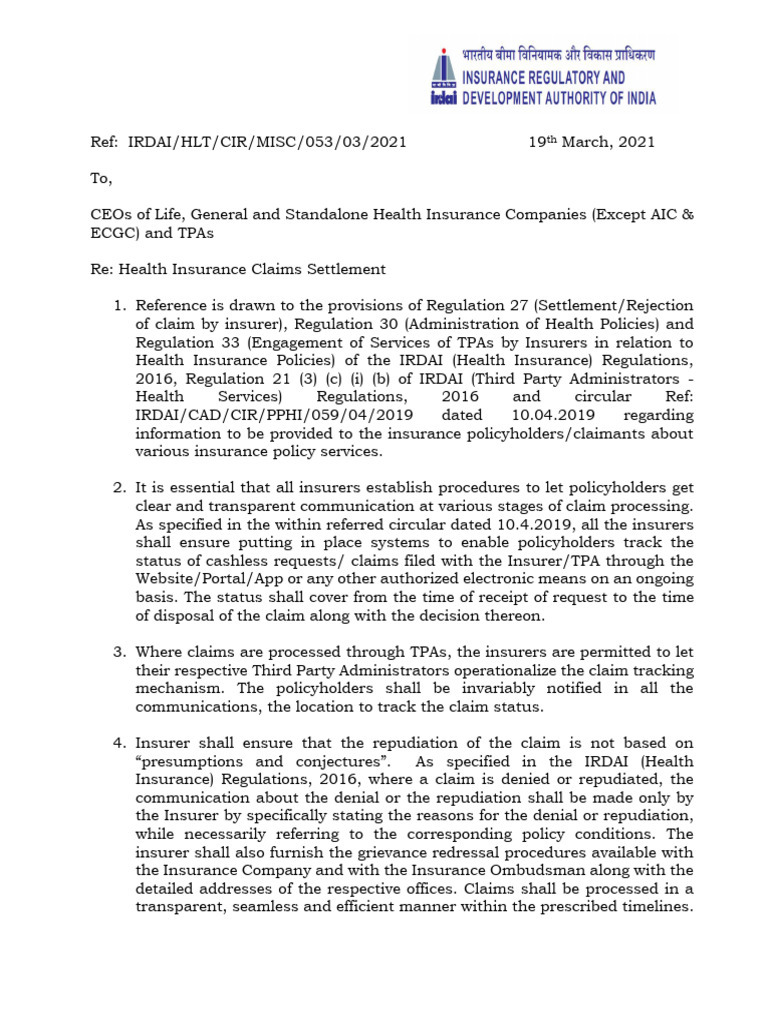 Circular - HI Claim Settlement19032021 | PDF | Insurance | Justice