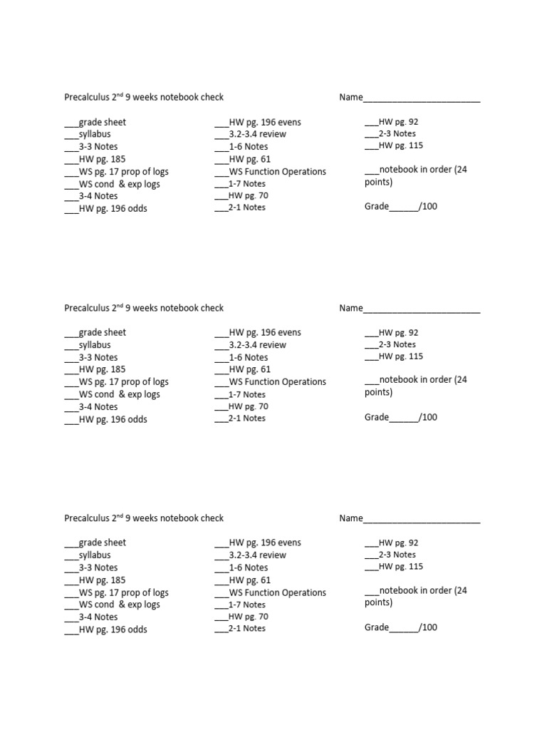 Precalculus 2nd 9 Weeks Notebook Check | PDF