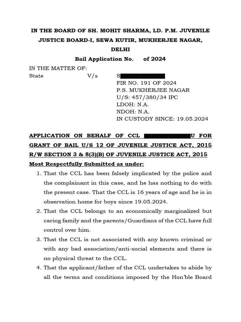 Bail Application for Juvenile | PDF | Bail | Crime & Violence