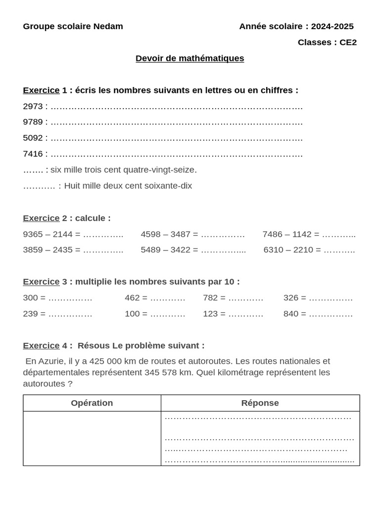 Devoir de maths CE2 à imprimer | PDF | Zone | Géométrie