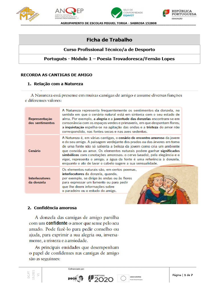 ficha de trabalho 5- 1ºANO Poesia Trovadoresca | PDF