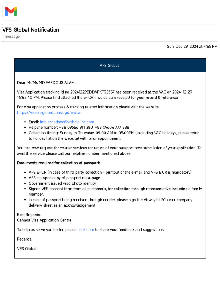 VFS Global E-ICR Notification | PDF