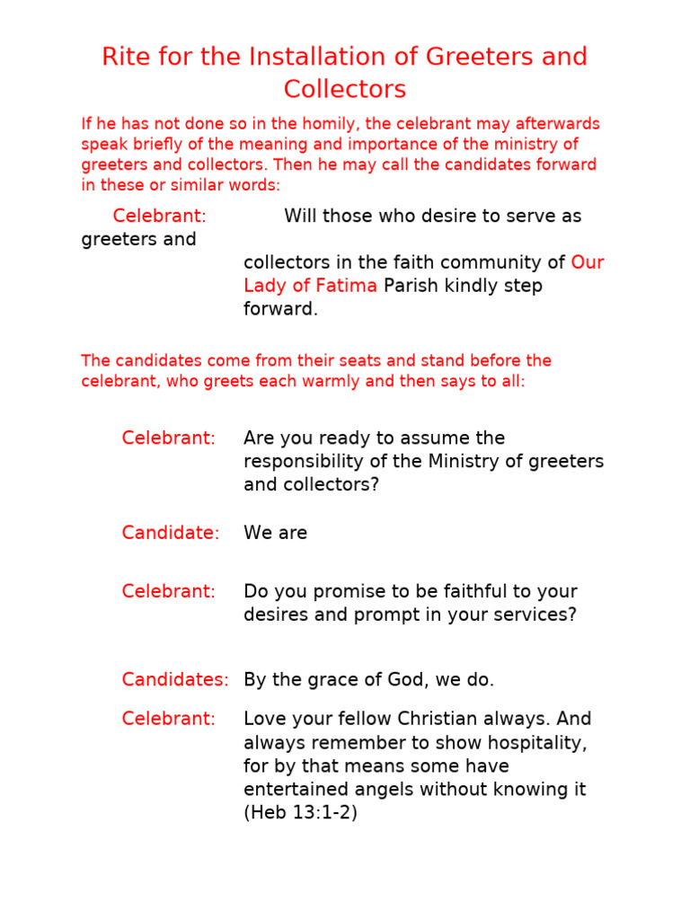 Rite For The Installation of Greeters and Collectors | PDF | Prayer ...