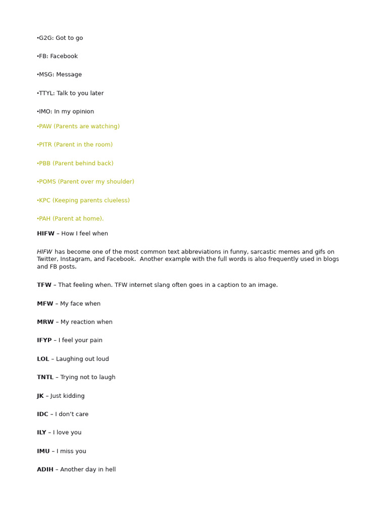 Teen Texting Abbreviations Guide | PDF | Internet | Cyberspace