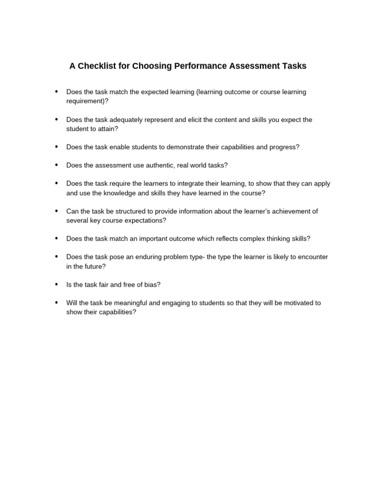 A Checklist For Choosing Performance Assessment Tasks 6 | PDF