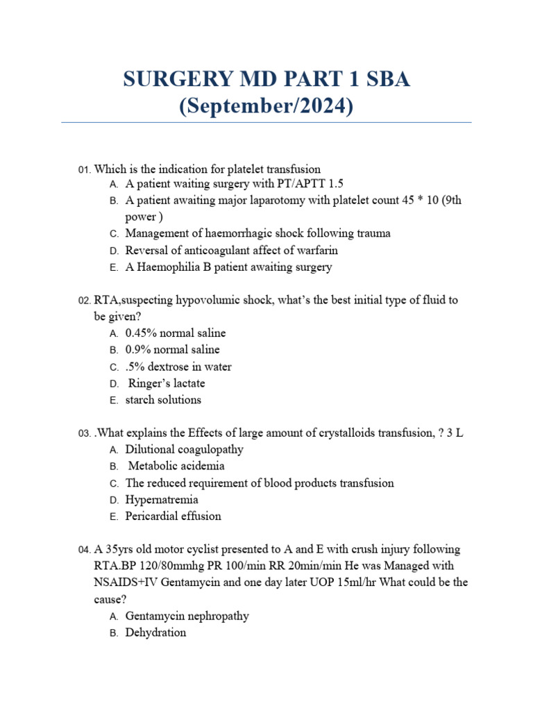 Surgery MD Part 1 SBA Sept2024 | PDF | Thrombosis | Diseases And Disorders