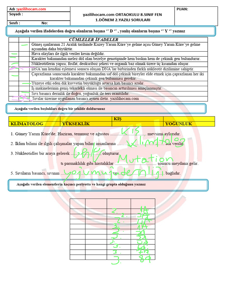 8.sinif Fen 1.dönem 2.yazili Sorulari - 1 | PDF